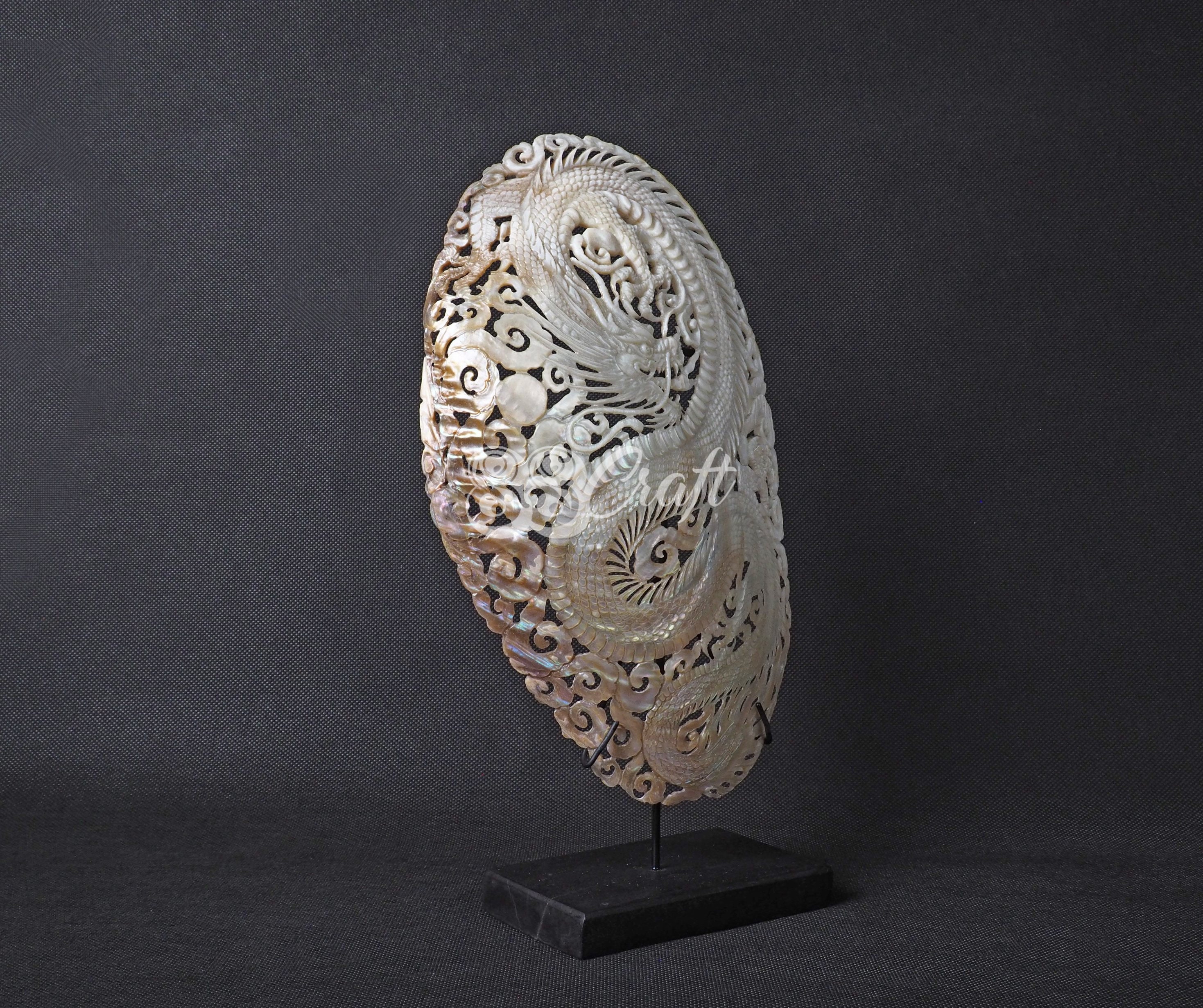 Natural Mussels Clam Shell Carving Dragon Model on Stand Large Size ...