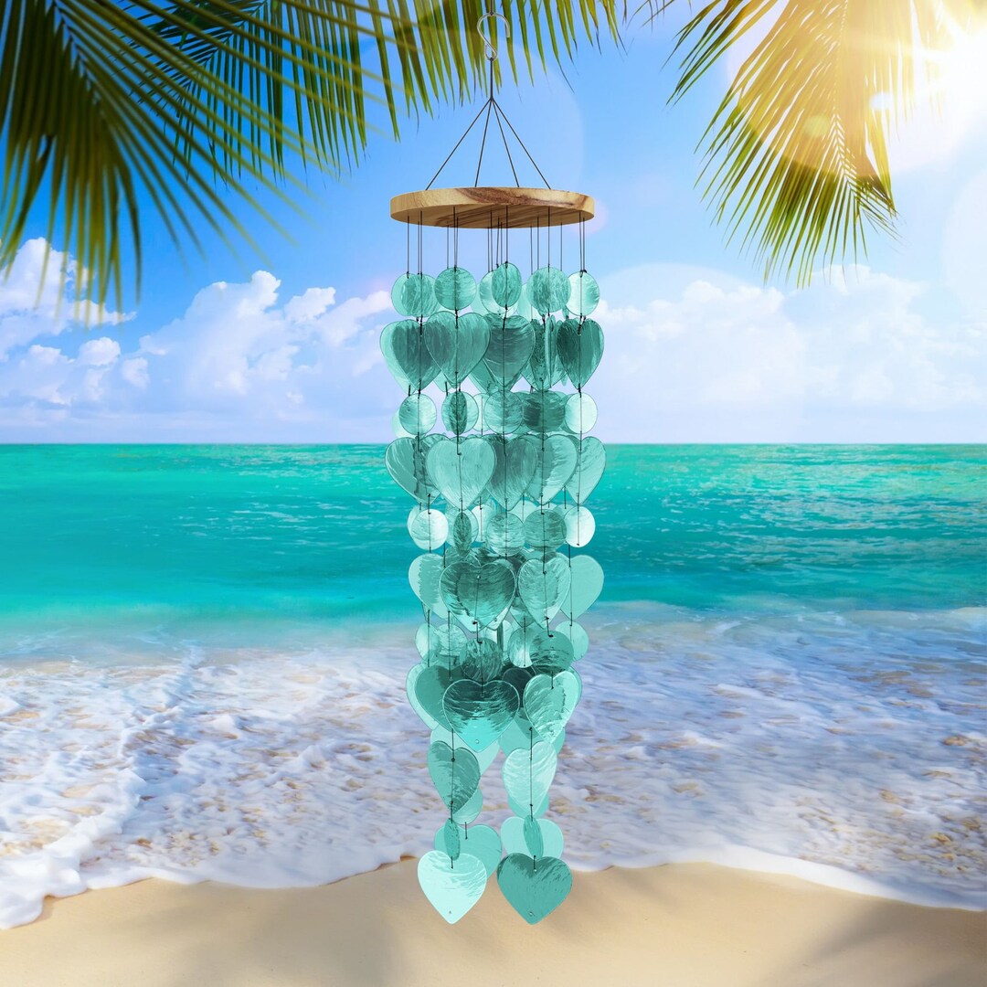 88craft Capiz Shell Wind Chimes Heart Vibrant Aqua 28" Comewith Wall ...