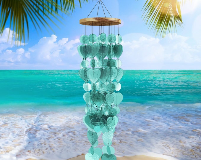 88craft Capiz Shell Wind Chimes Heart Vibrant Aqua 28" Comewith Wall ...