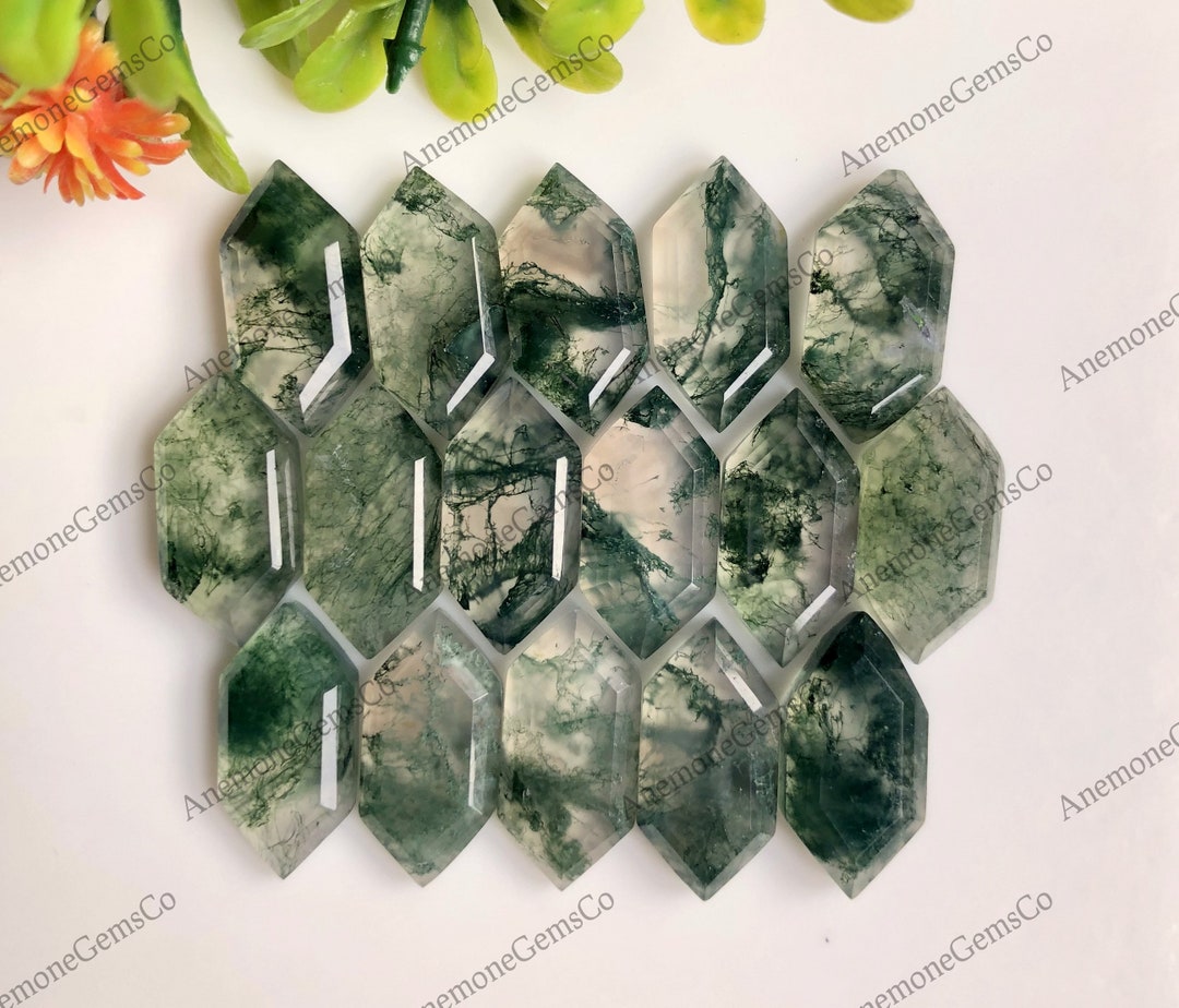 10 Pieces 8x16mm Natural Moss Agate Hexagon Shape Gemstone, Calibrated ...