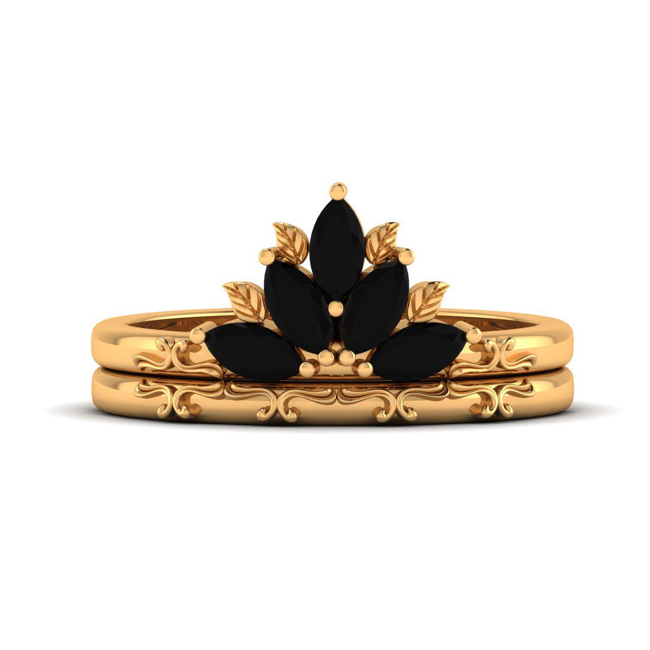 14JK Yellow Gold Alive Vintage Black Onyx Curved Ring, Crown Wedding ...