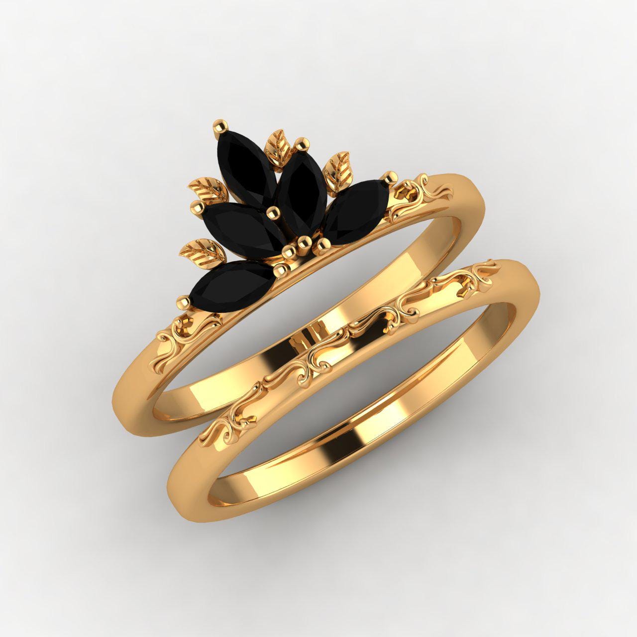 14JK Yellow Gold Alive Vintage Black Onyx Curved Ring, Crown Wedding ...