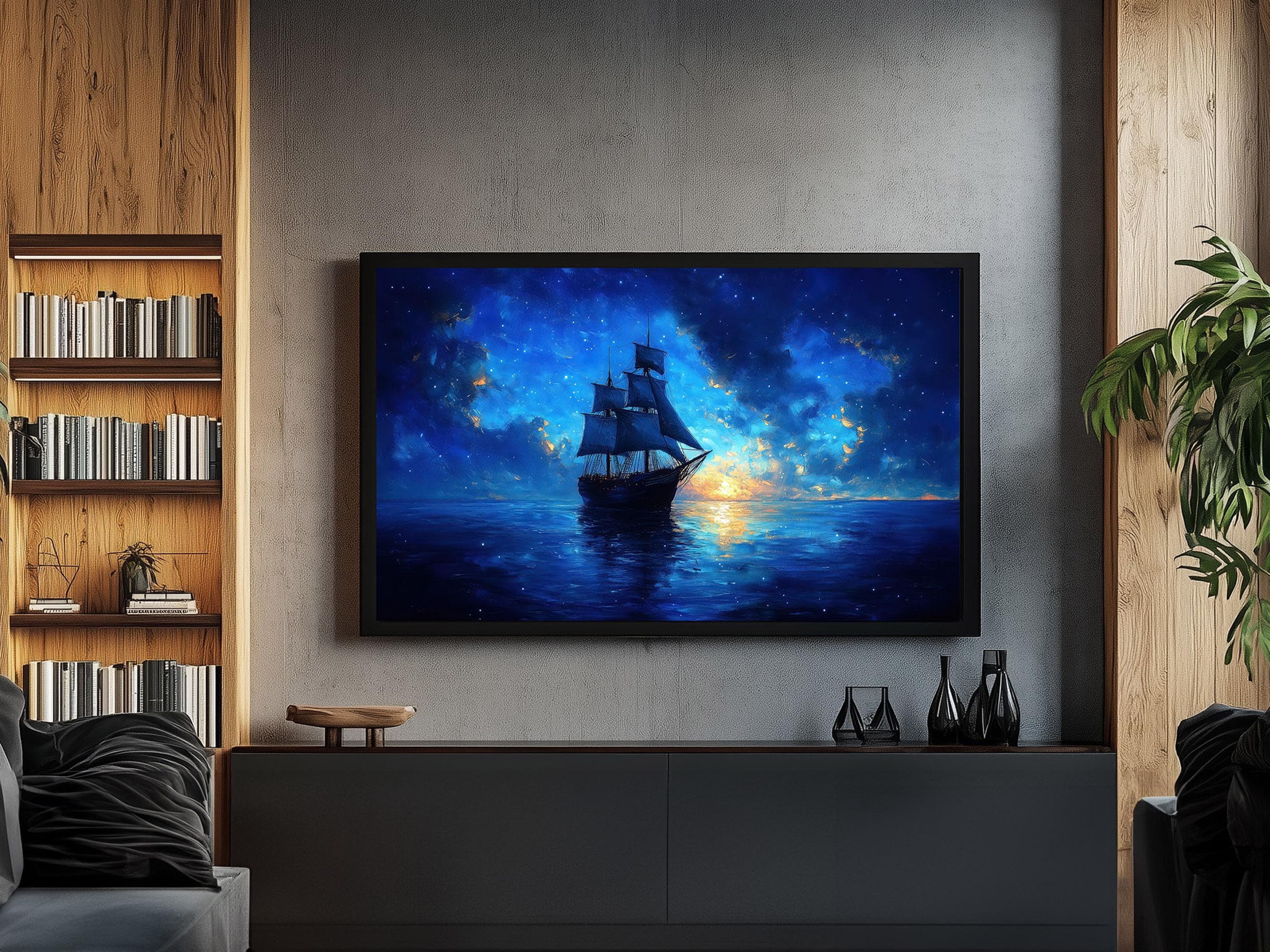 Samsung Frame TV Art - Starry Night Voyage, Nautical Ship Oil Painting ...