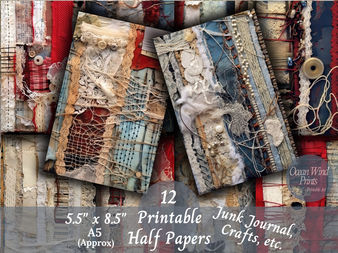Printable Half Papers Junk Journal Ephemera Pack A5 Collage Lace Fabric ...