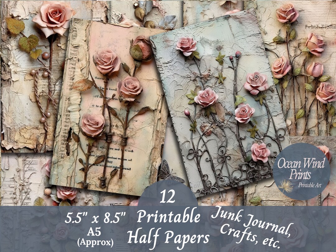 Junk Journal Printable Half Papers Shabby Chic Cards Pink Floral ...