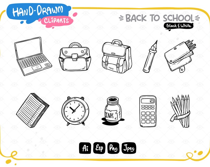 Black and White Back to School Vector Pack, Hand-drawn Clip Art, Office ...