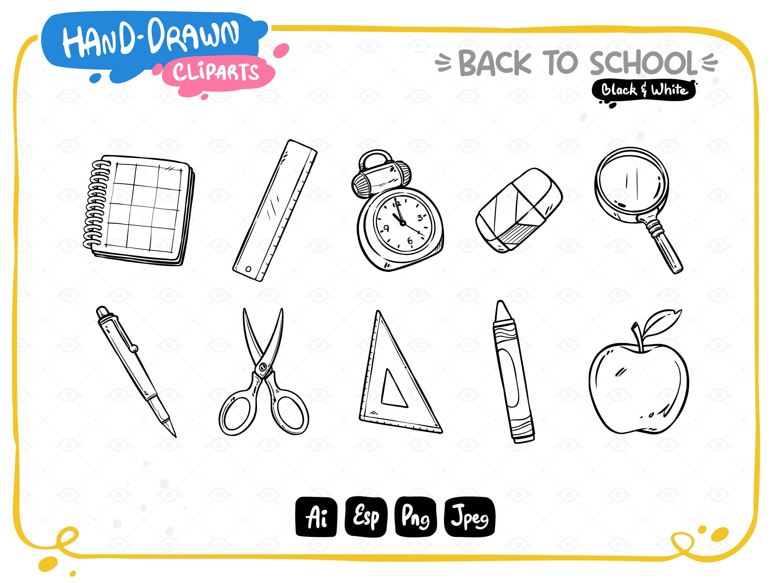 Black and White Back to School Vector Graphics, Hand-drawn Clip Art ...