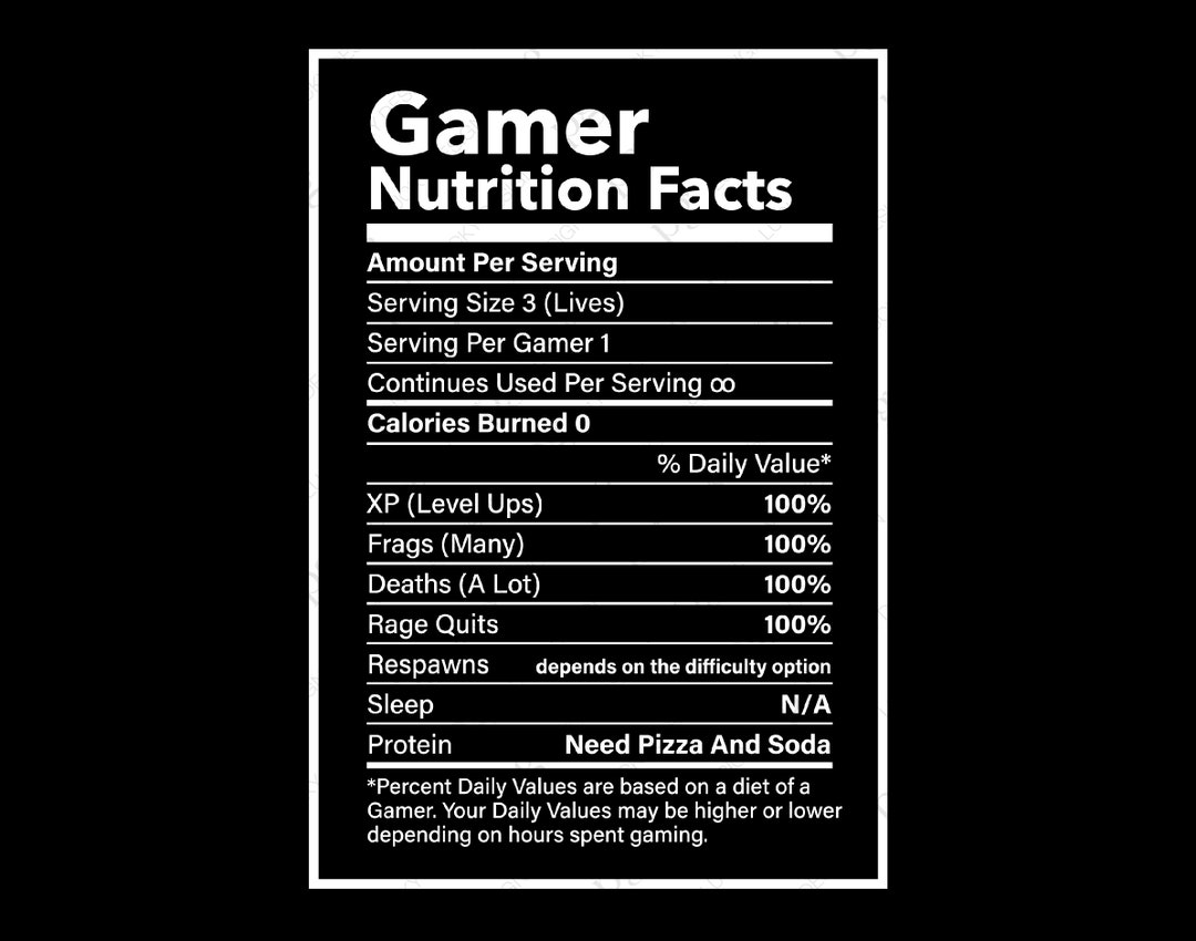 Gamer Nutrition Facts Svg, Cool Gamer Png, Funny Novelty Video Game ...
