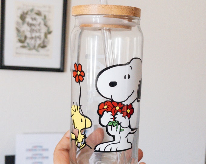 Peanuts Snoopy Glass Cup Personalized Snoopy Glass Can Iced Coffee ...