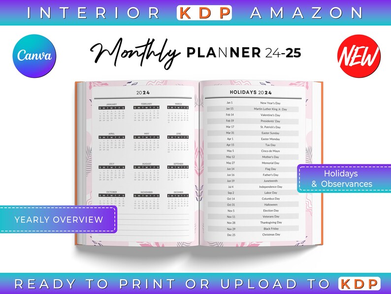 2024-2025 Monthly Planner CANVA Template, Fully Dated, Fully Editable ...