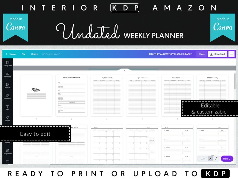 Canva Undated Editable Template Planner Weekly & Monthly Overview ...