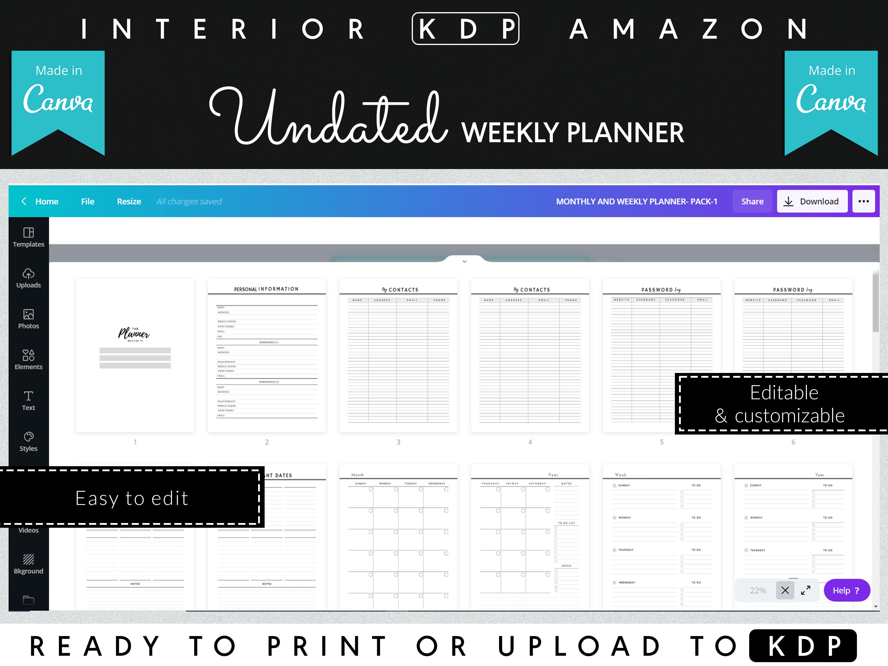 Canva Undated Editable Template Planner Weekly & Monthly Overview ...