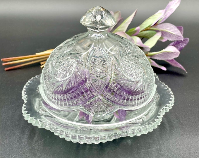 Sunburst (or Aztec) Glass Butter Dish by L E Smith Glass Company; Clear ...
