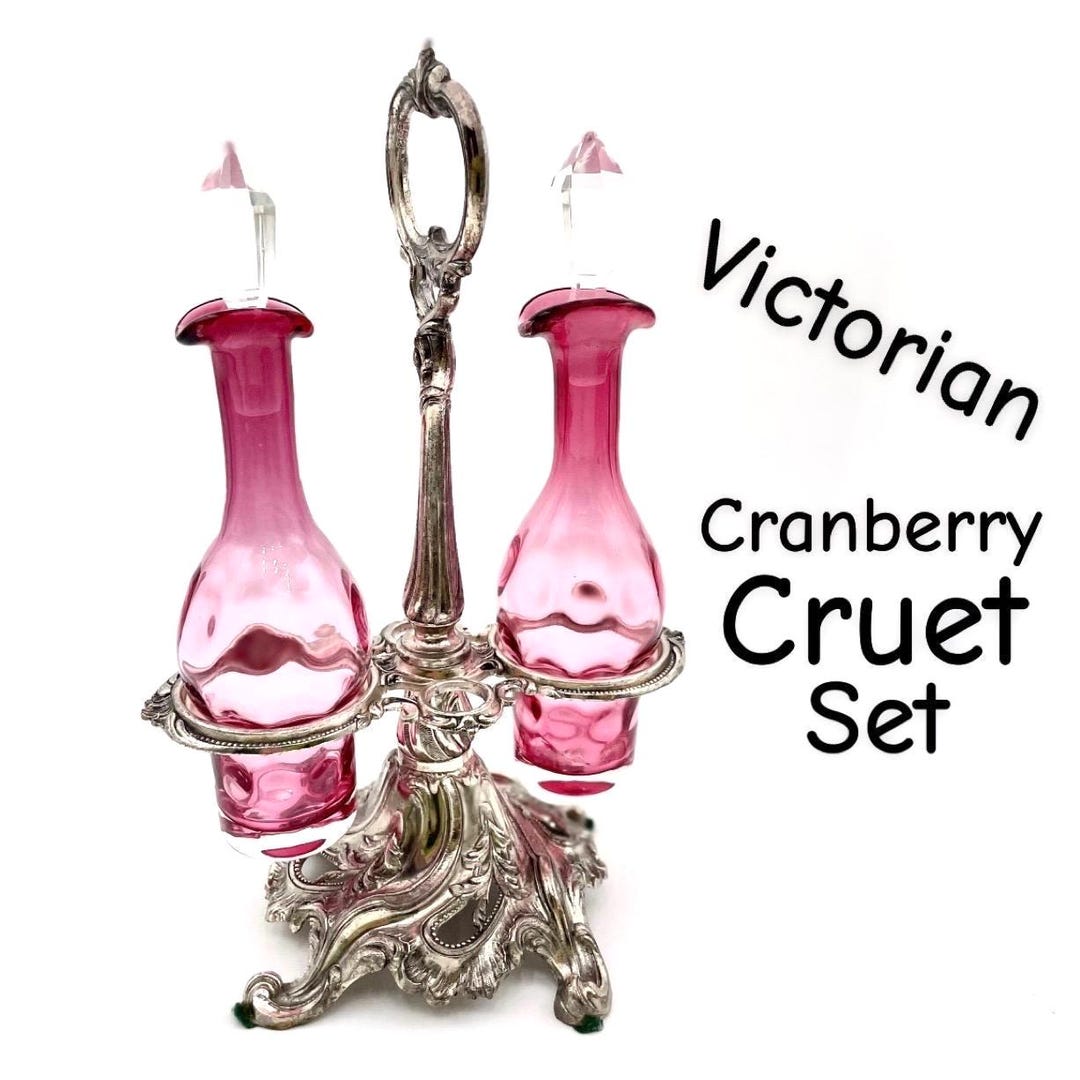 Victorian-era (1870-1920) Cranberry Glass Cruet Set: Metal (silver ...