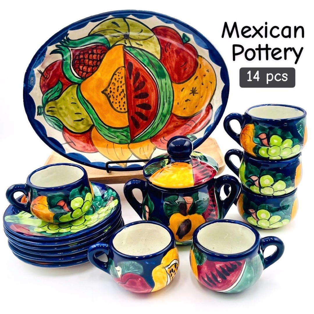 14 Pc - Talavera Tea Set: 6 Cups, 6 Saucers, Tray, Sugar; Handmade ...
