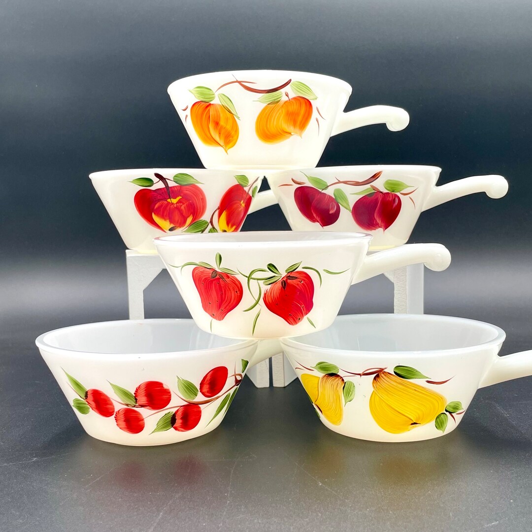 Set of 6 1938-1945 LIKE NEW Gay Fad Milk Glass Handled Bowls With Fruit ...