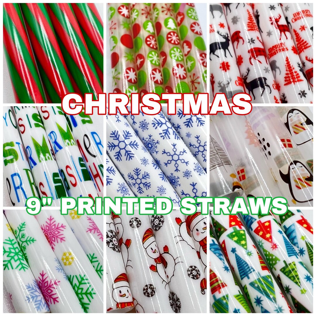 10pc Christmas Printed Reusable Plastic Tumbler Straws Tumbler Straws ...