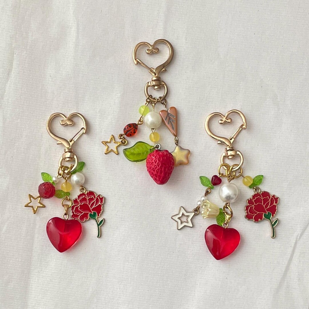 Gold Rustic Heart Ruby Strawberry Flower Leaf Keychains - Etsy