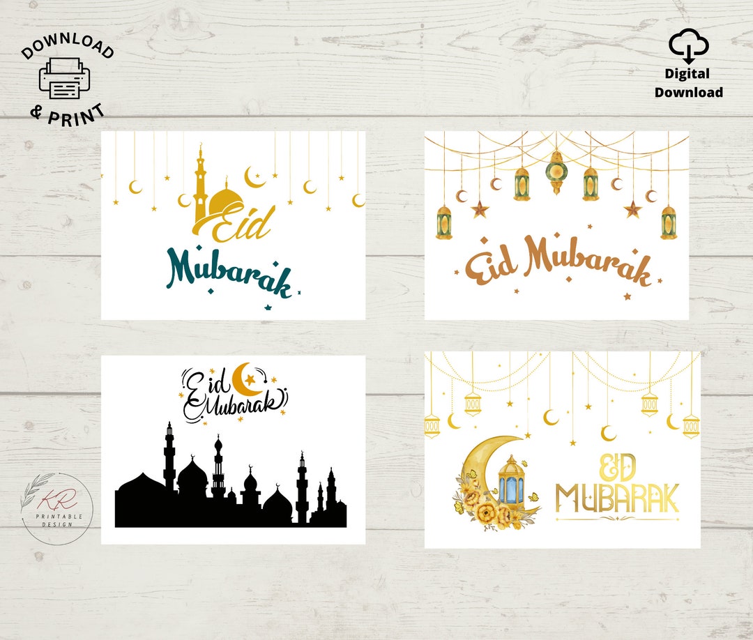 Eid Mubarak Printable Cards, Ramadan Eid Mubarak Digital Card Set of 4, Happy Eid Mubarak ...