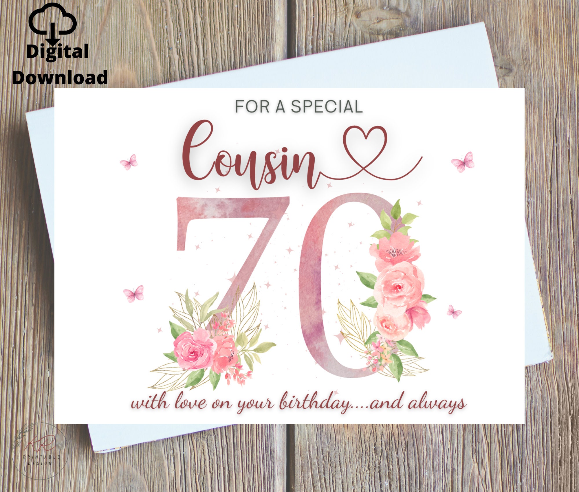 70th Birthday Card for Cousin Printable,, 70th Birthday Card Digital ...
