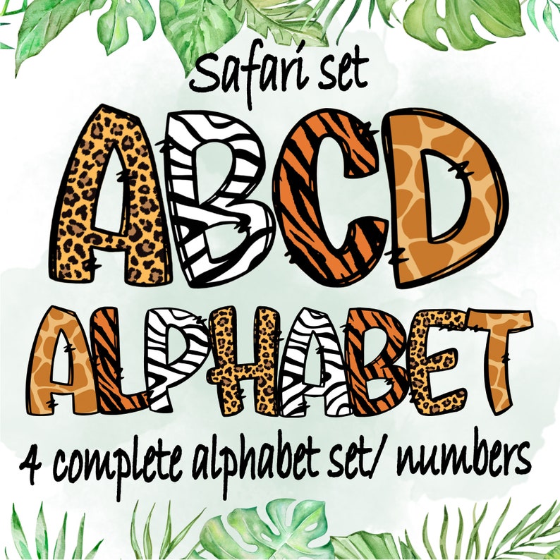 4 Set Safari Animals Skin Alphabet Doodle Letters, Bundle, Leopard ...