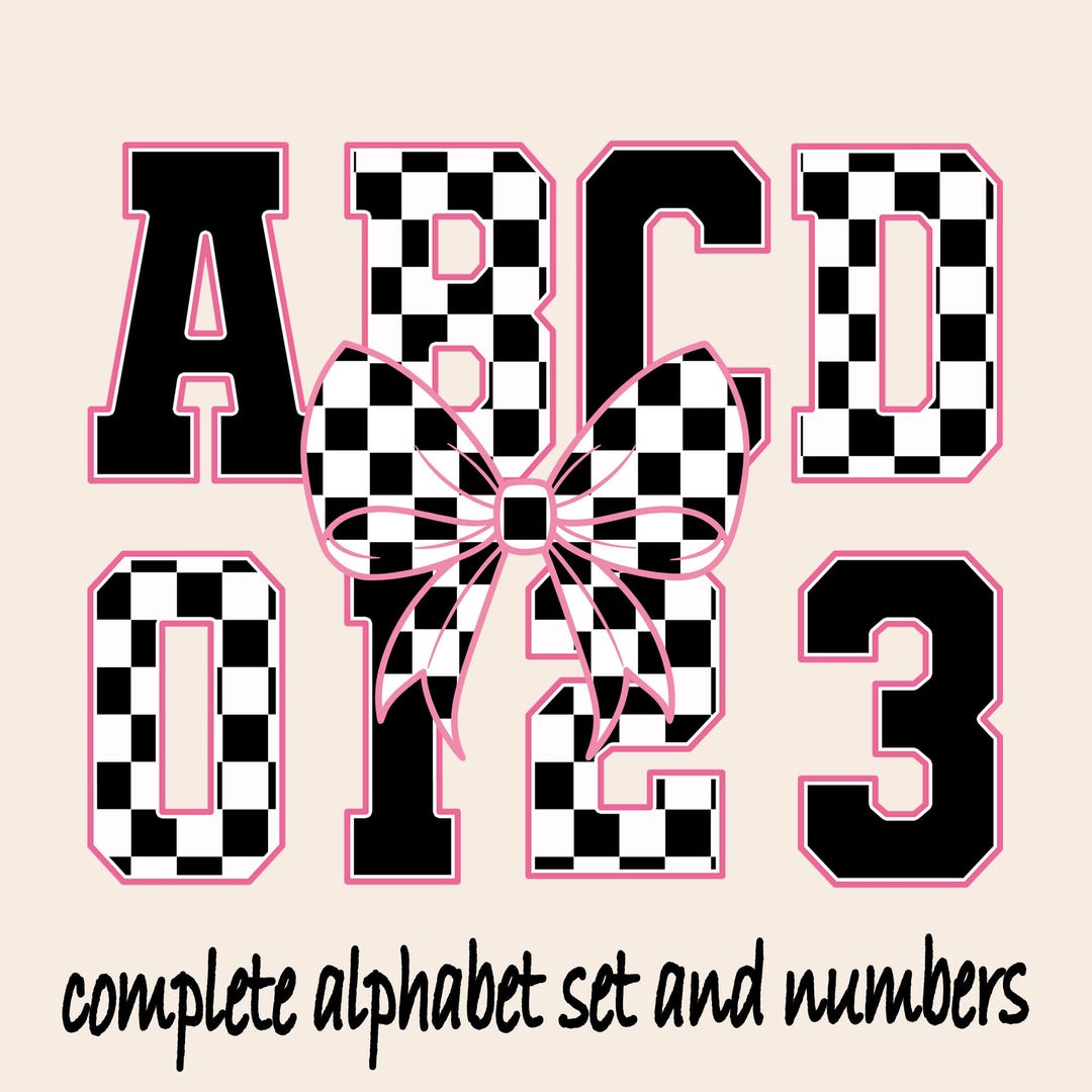 Coquette Bow Checkered Bundle Alphabet and Checkered Numbers, Retro ...