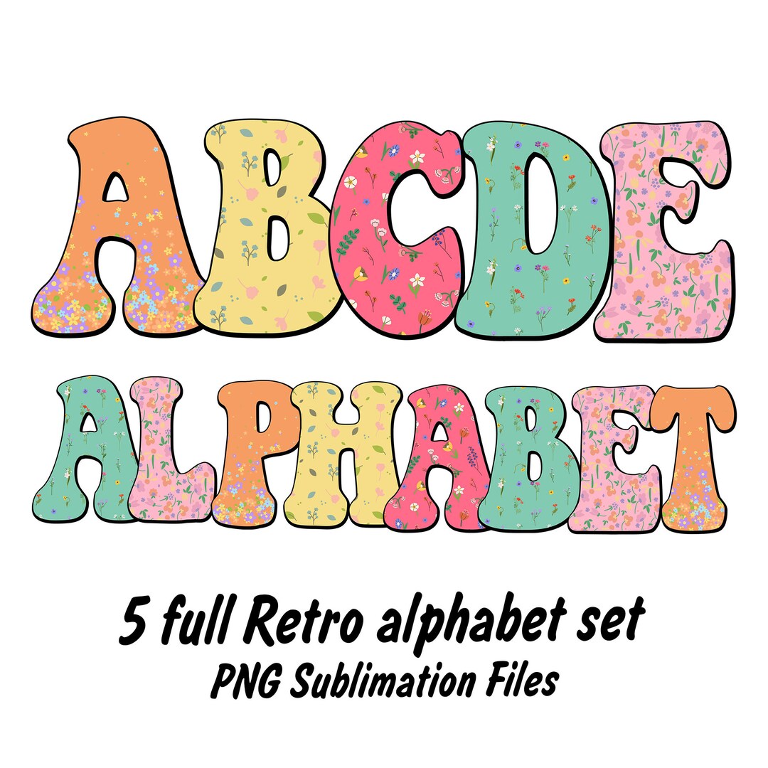 Retro Boho Floral Alphabet Bundle, Retro Summer PNG Letters ...