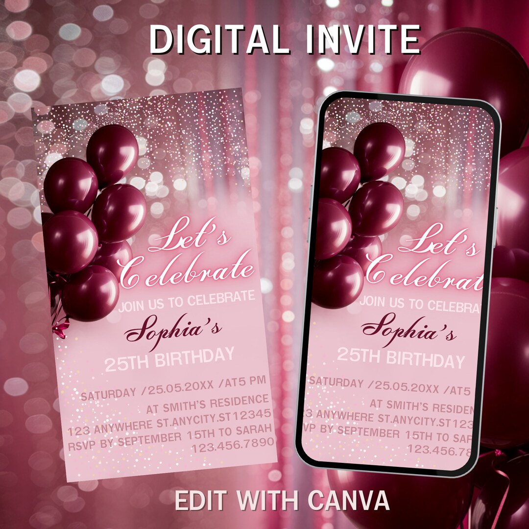 Digital Maroon Balloon Glitter Birthday Party Invitation, Phone Text ...