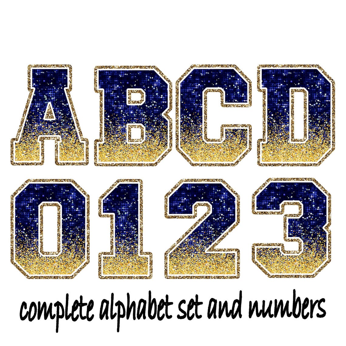 Sequin Faux Glitter Navy Blue and Gold Alphabet Letters and Number Set ...
