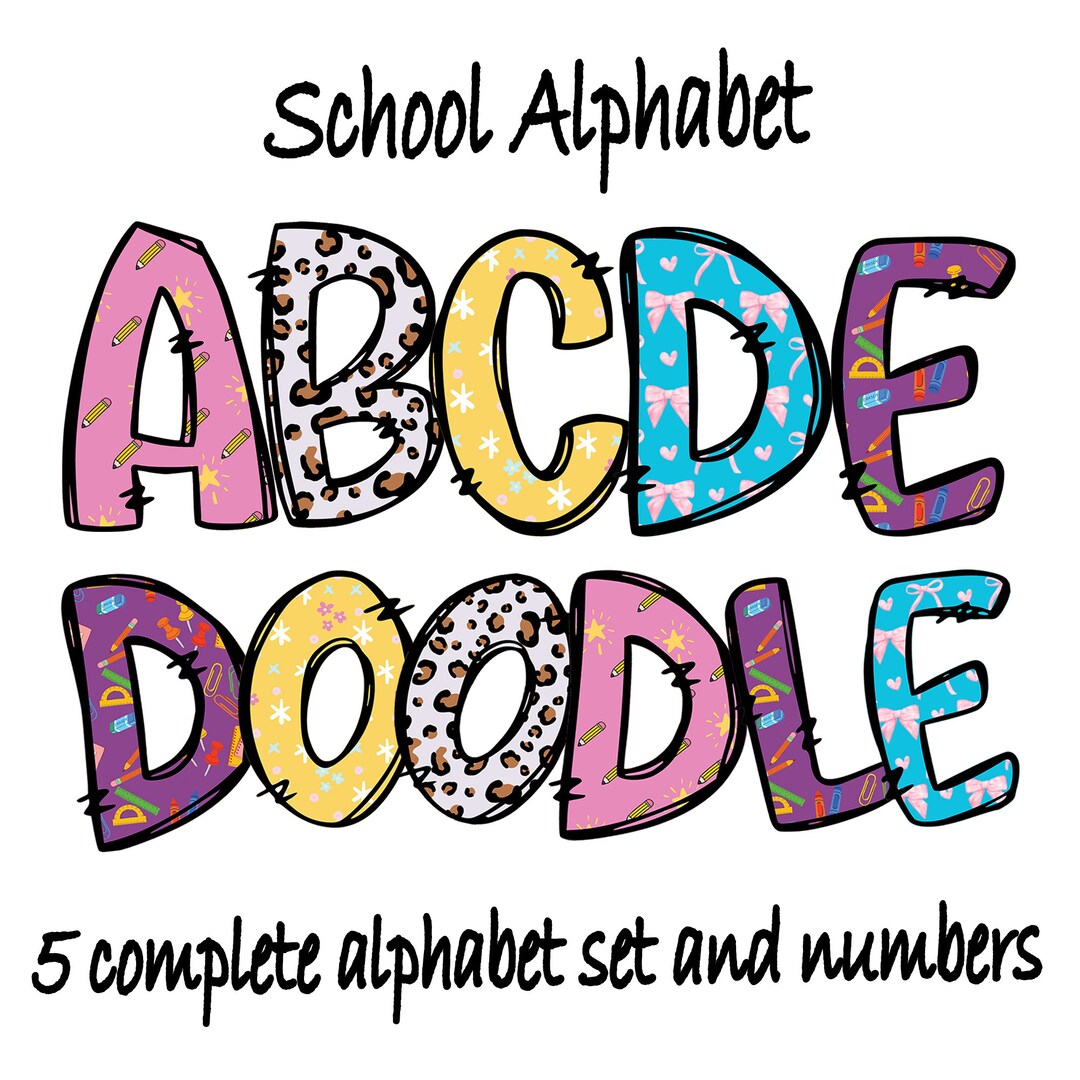5 Bundle School Doodle Alphabet, School Letters,alpha Doodle, Bright ...