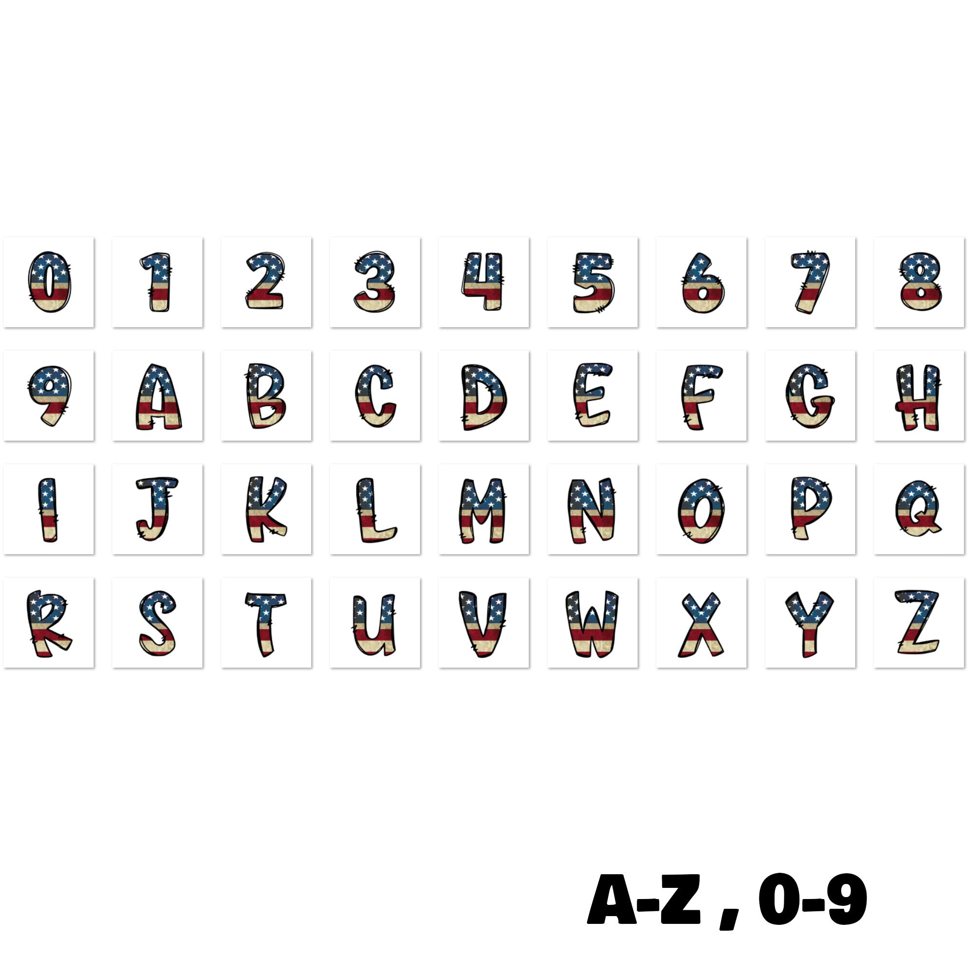 Rustic Flag Alphabet Letters PNG Bundle, Patriotic USA Flag Doodle ...