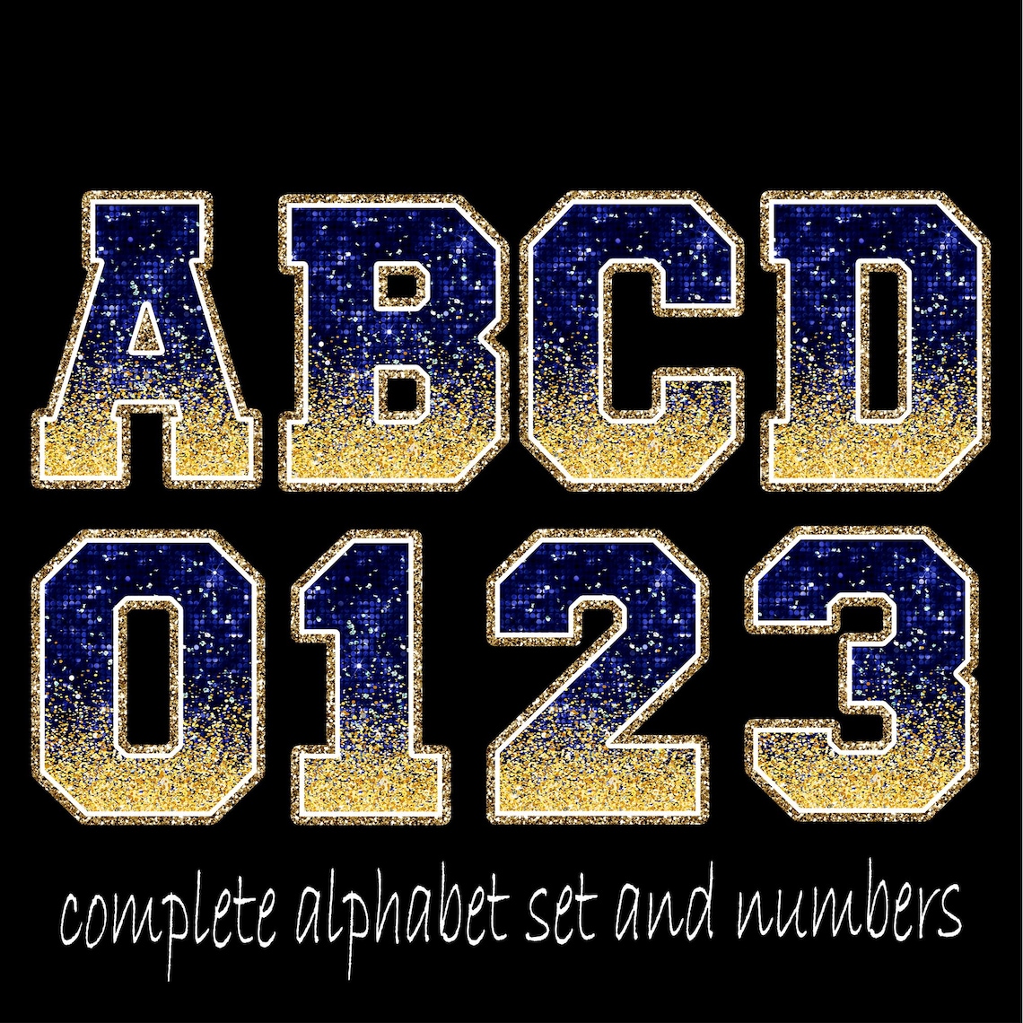 Sequin Faux Glitter Navy Blue and Gold Alphabet Letters and Number Set ...
