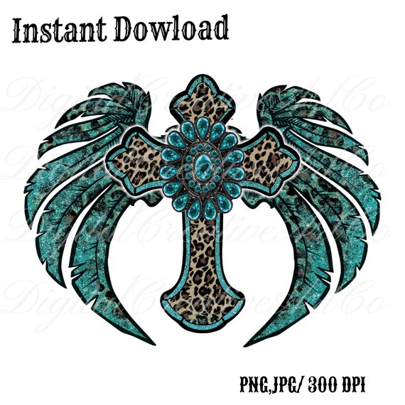Wing Cross Turquoise Leopard PNG Sublimation Designs Download | Etsy