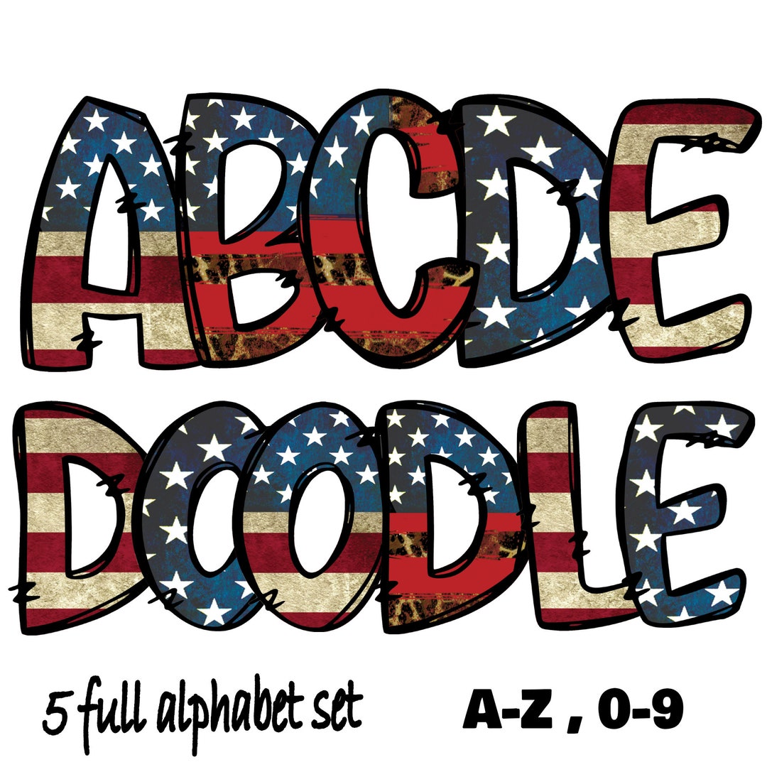 American Alphabet Letters PNG Bundle, Patriotic USA Flag Doodle Letters ...