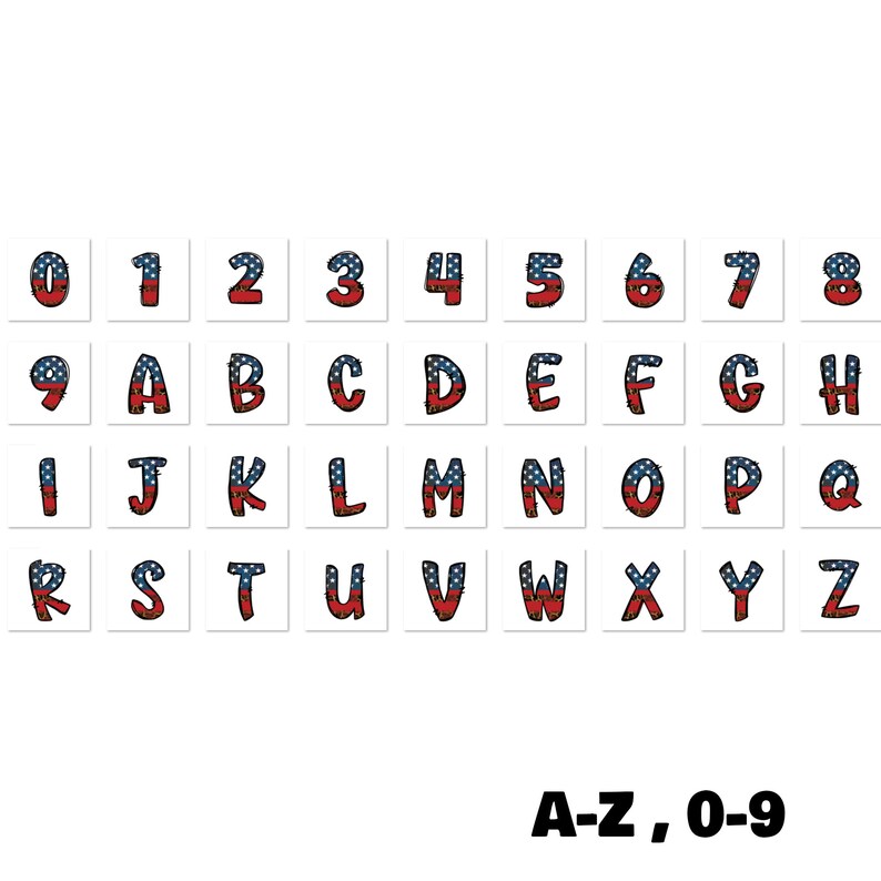 American Alphabet Letters PNG Bundle, Patriotic USA Flag Doodle Letters ...