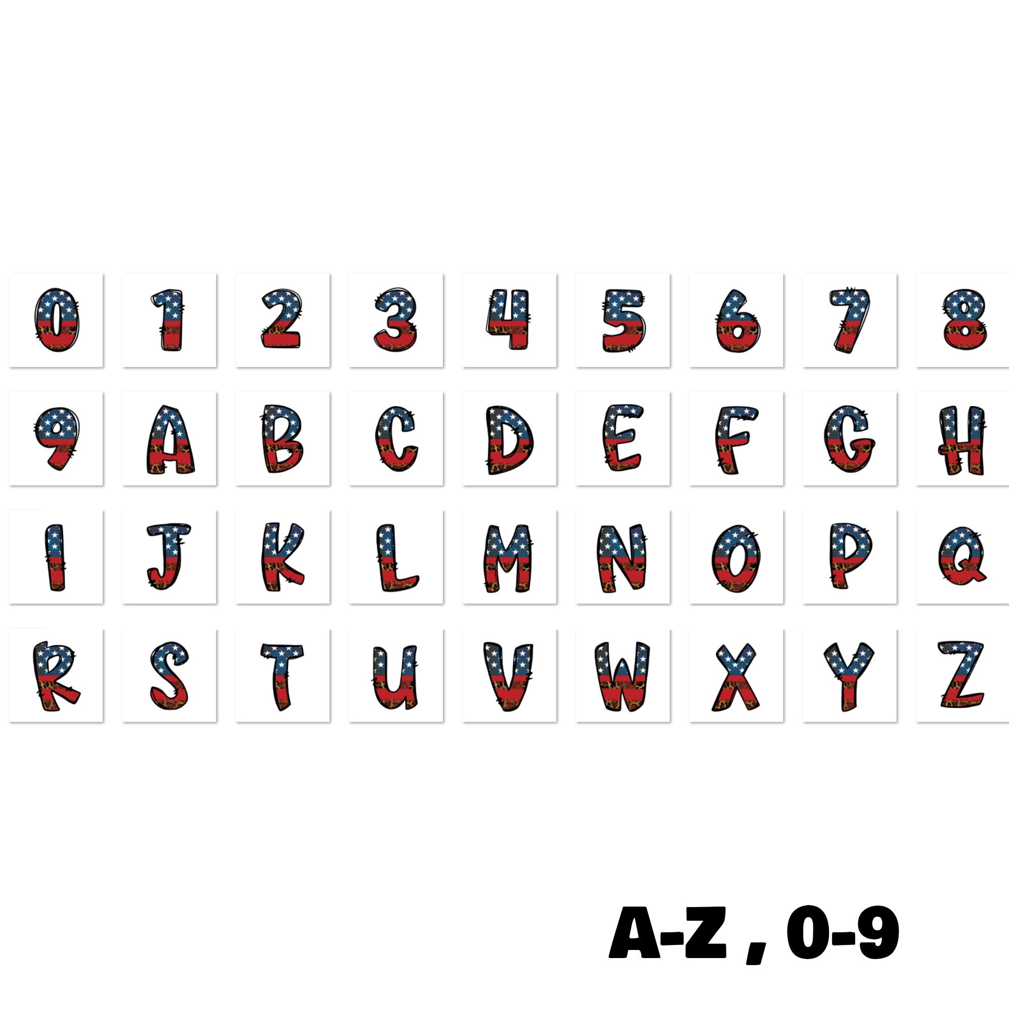 American Alphabet Letters PNG Bundle, Patriotic USA Flag Doodle Letters ...