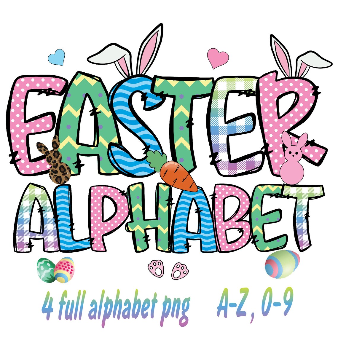 Easter Alphabet Doodle Letters PNG Bundle , Bunny, Easter Eggs, Alpha ...