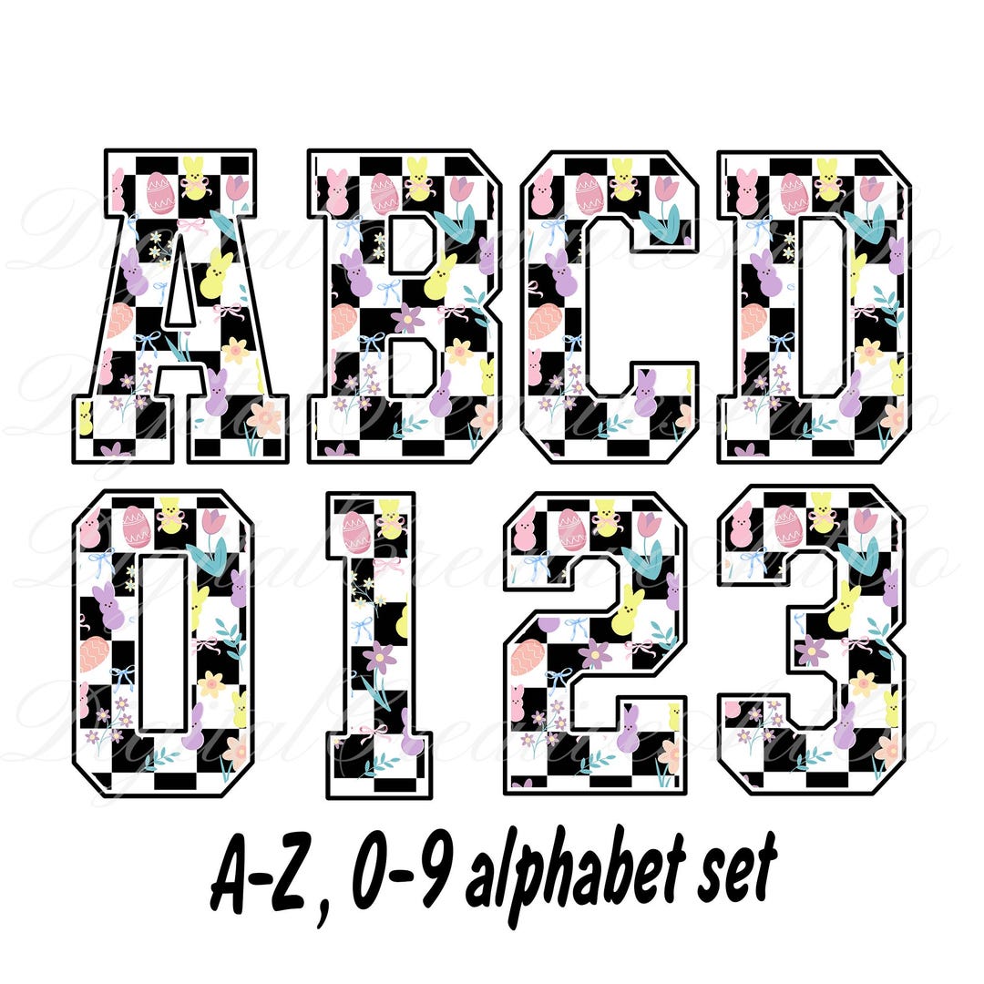 Checkered Retro Easter Bunny Coquette Alphabet and Checkered Numbers ...