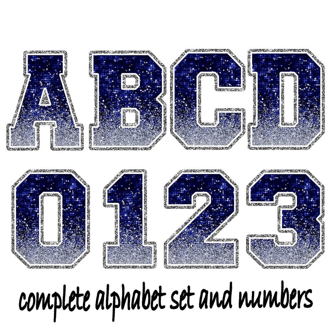 Sequin Faux Glitter Navy Blue and Silver Alphabet Letters and Number ...