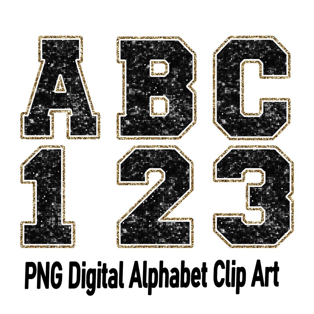 Sequin Faux Glitter Black and Gold Alphabet Letters and Number Set ...