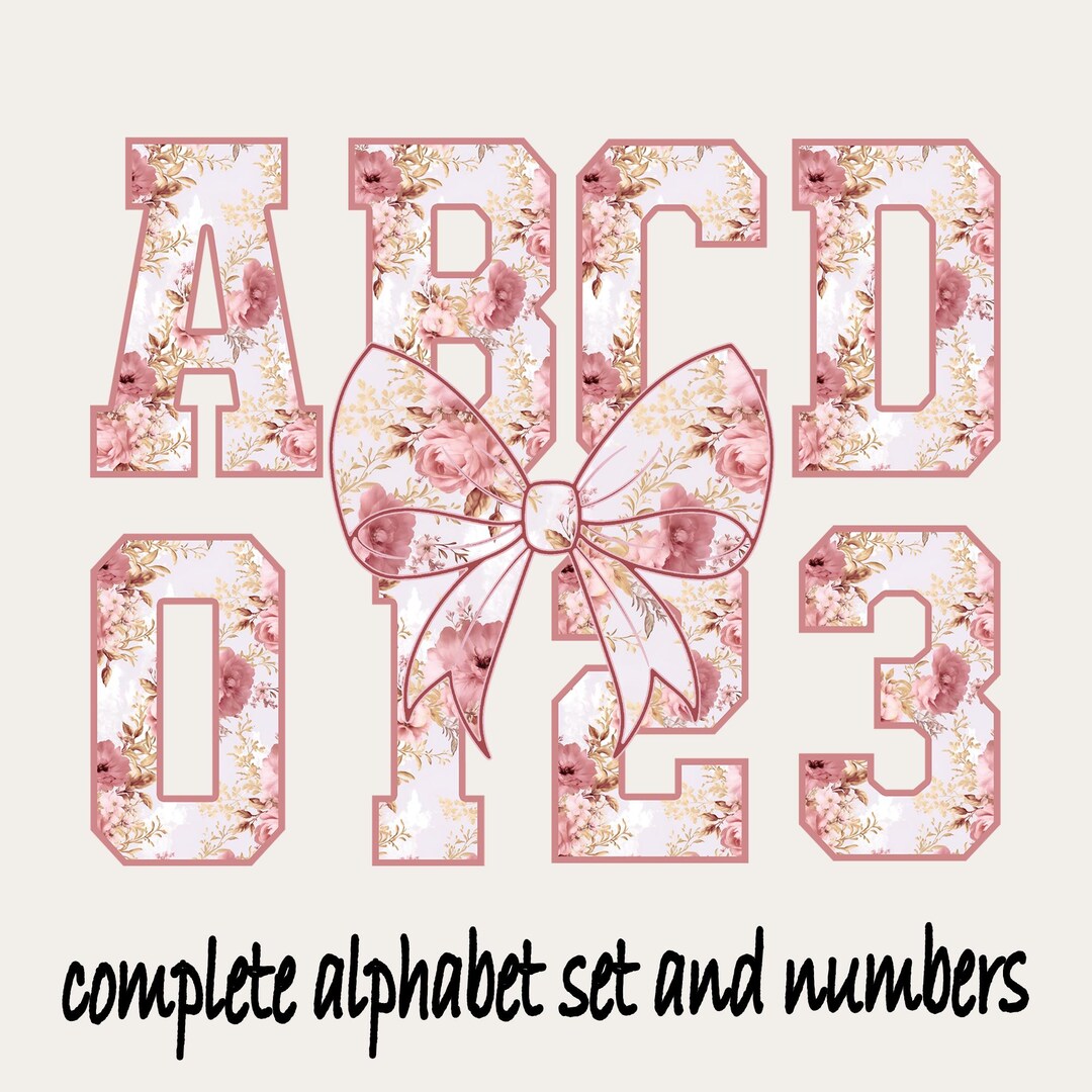Pink Rose Coquette Bow Alphabet and Numbers ,rose Alphabet Letters ...