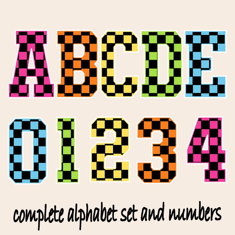 Neon Checkered Alphabet and Numbers ,checkered Pattern Alphabet Letters ...