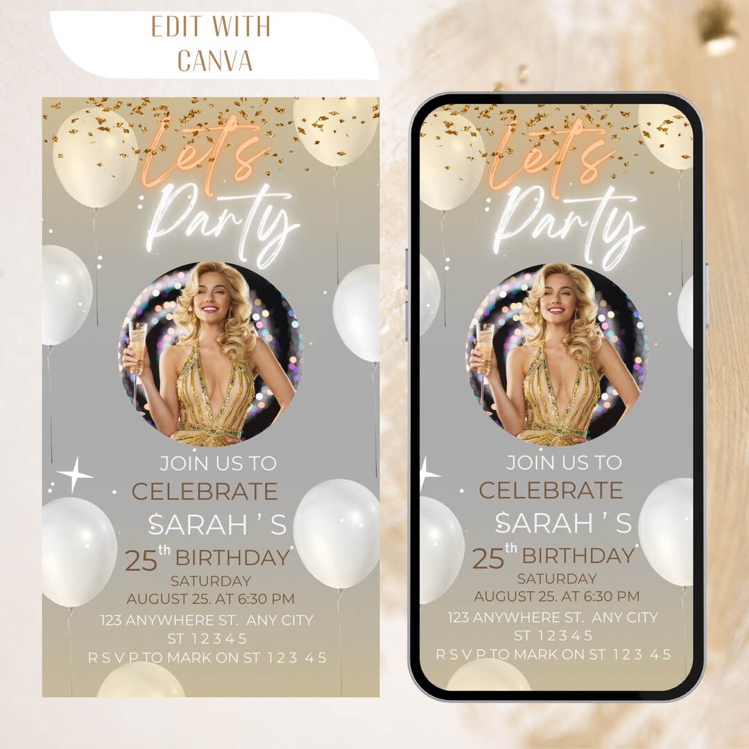 Neon Party Invitation Template, Digital Birthday Party ,gold Glitter ...