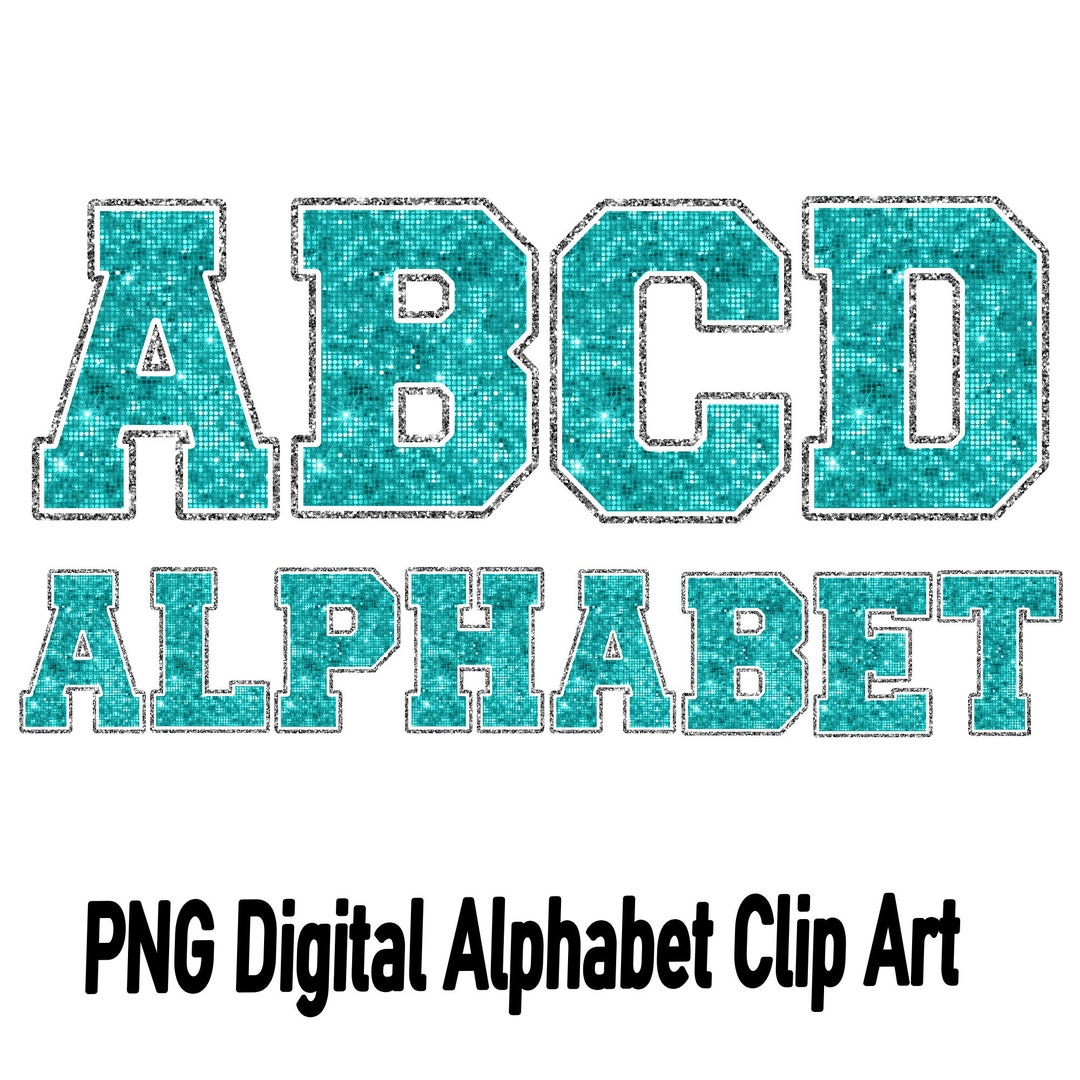Sequin Faux Glitter Teal Color and Silver Alphabet Letters and Number ...