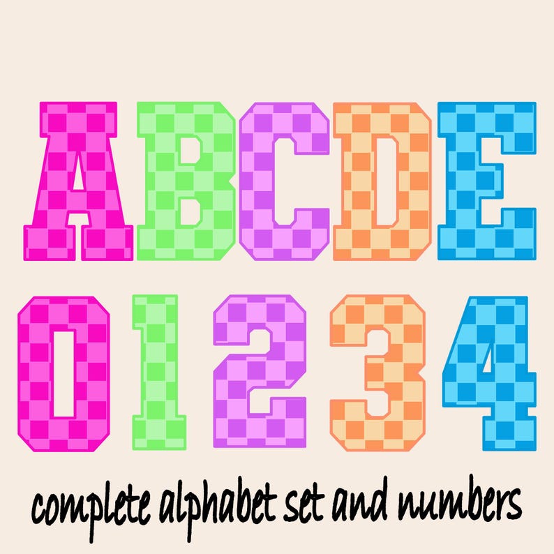Neon Checkered Alphabet and Numbers ,checkered Pattern Alphabet Letters ...