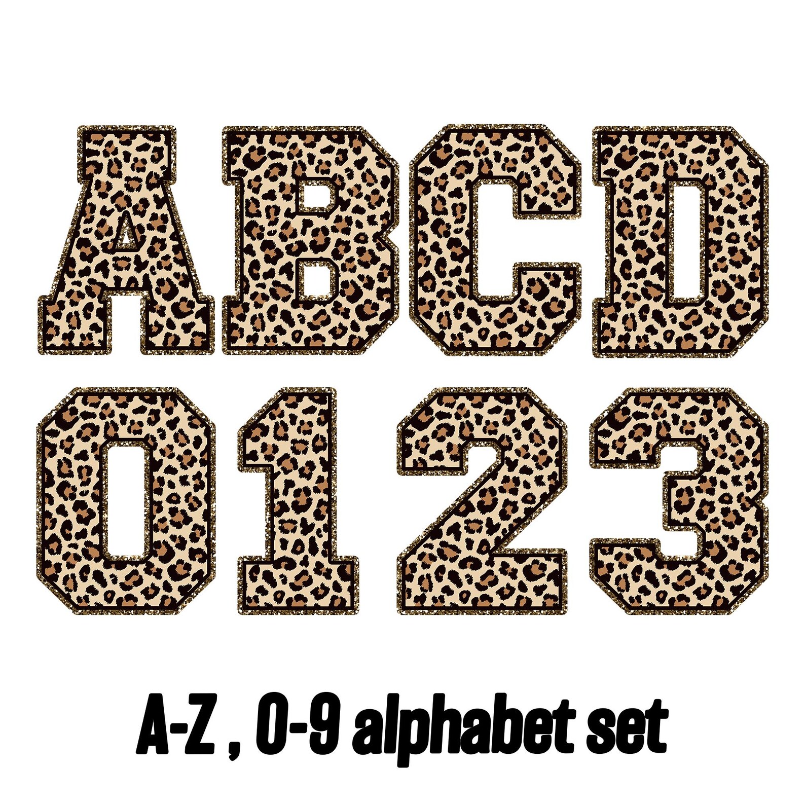 Leopard Black Glitter Alphabet Letters and Number Set Clipart, Sport ...