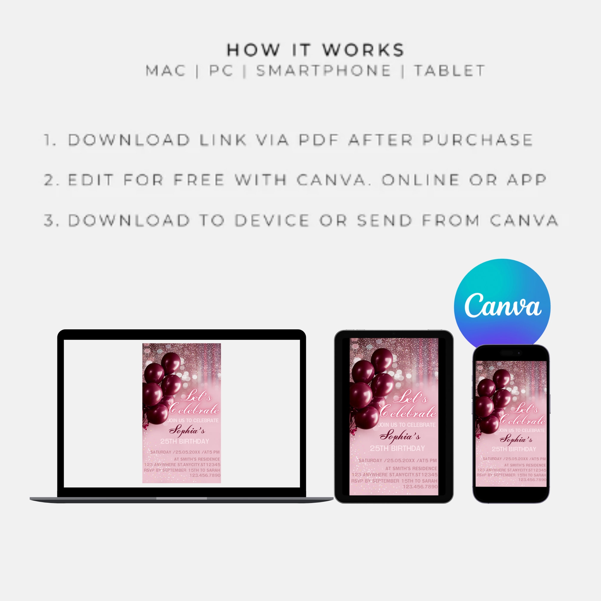 Digital Maroon Balloon Glitter Birthday Party Invitation, Phone Text ...