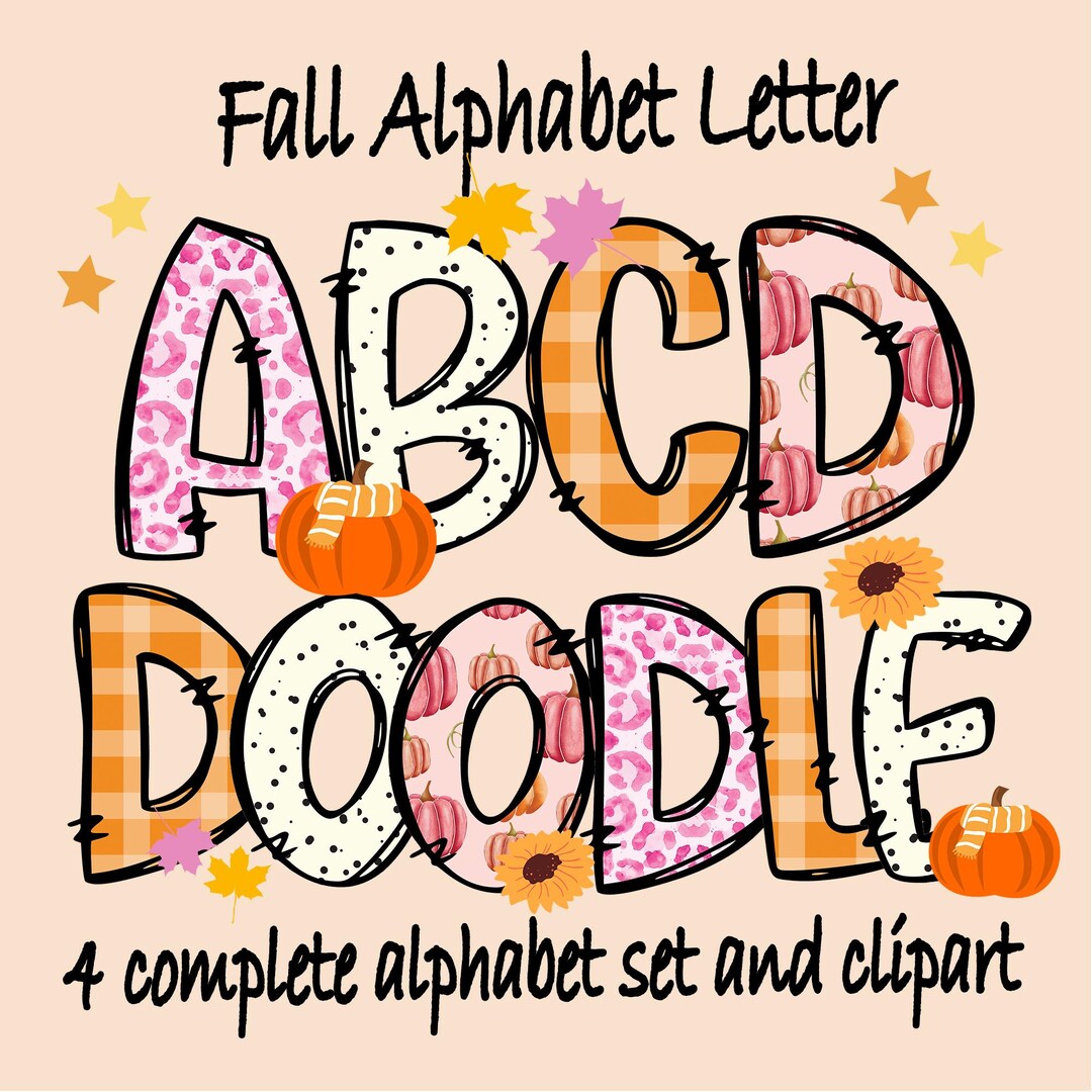 Fall Doodle Alphabet Bundle, Autumn PNG Letters, Cute Pink Leopard ...