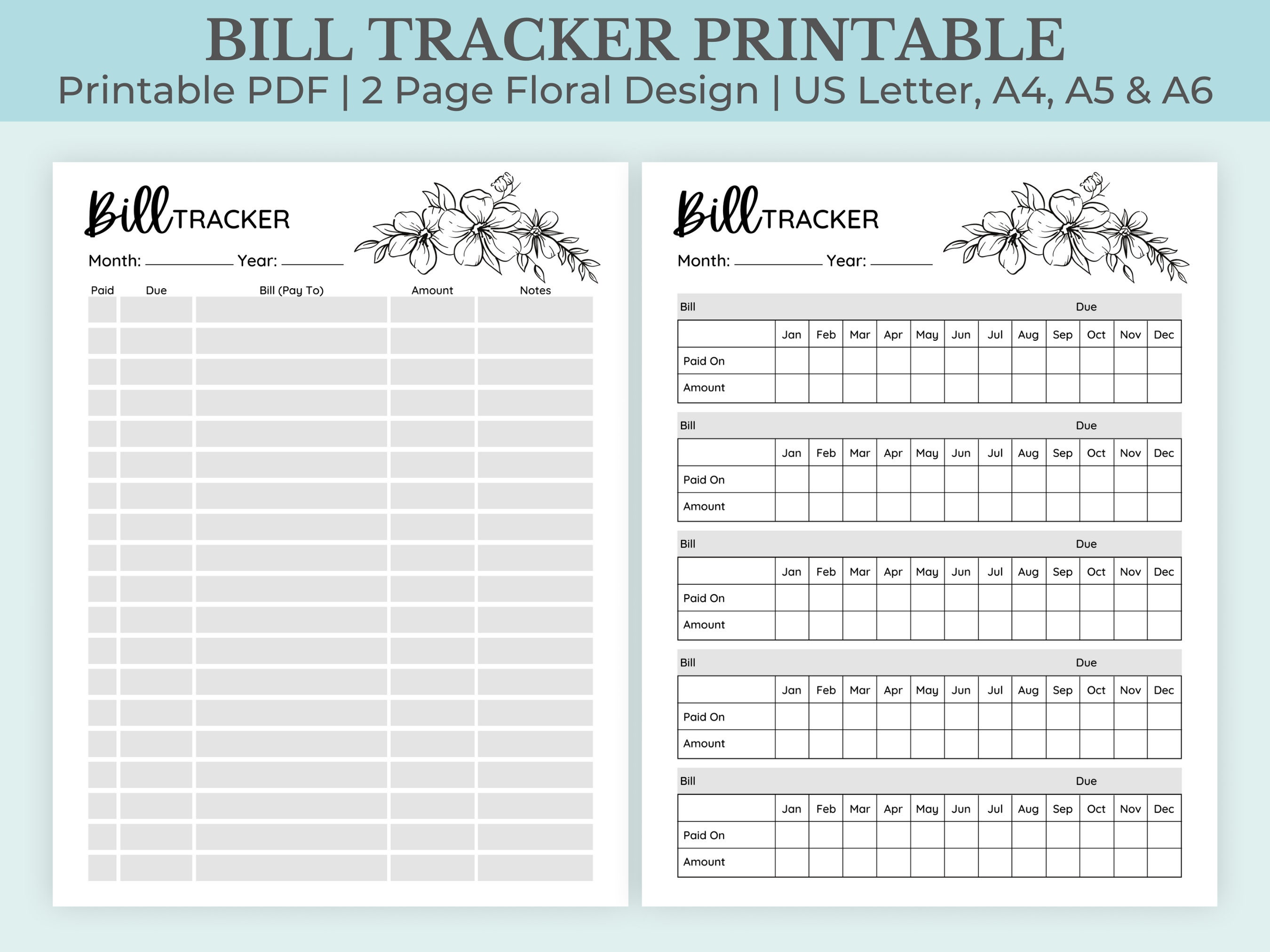 Bill Tracker Printable Bill Tracker Pdf Bill Tracker Etsy