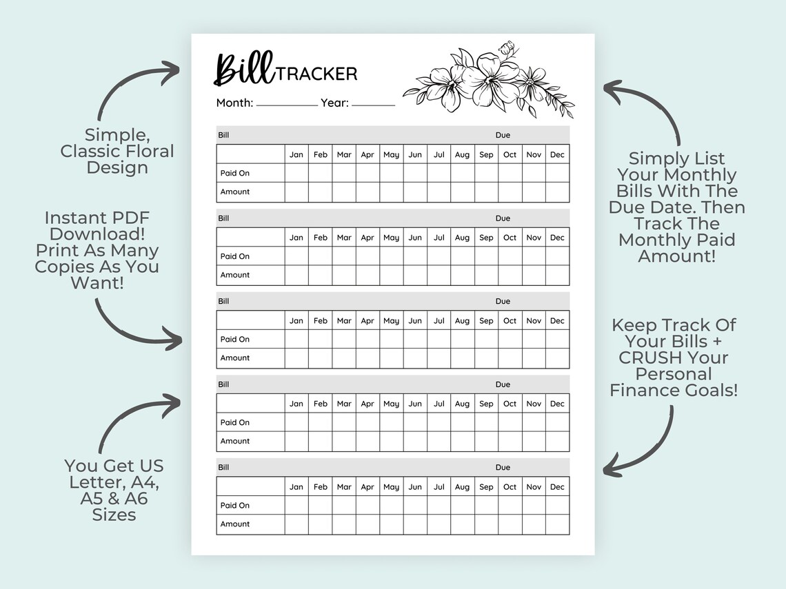 Bill Tracker Printable Bill Tracker PDF Bill Tracker - Etsy